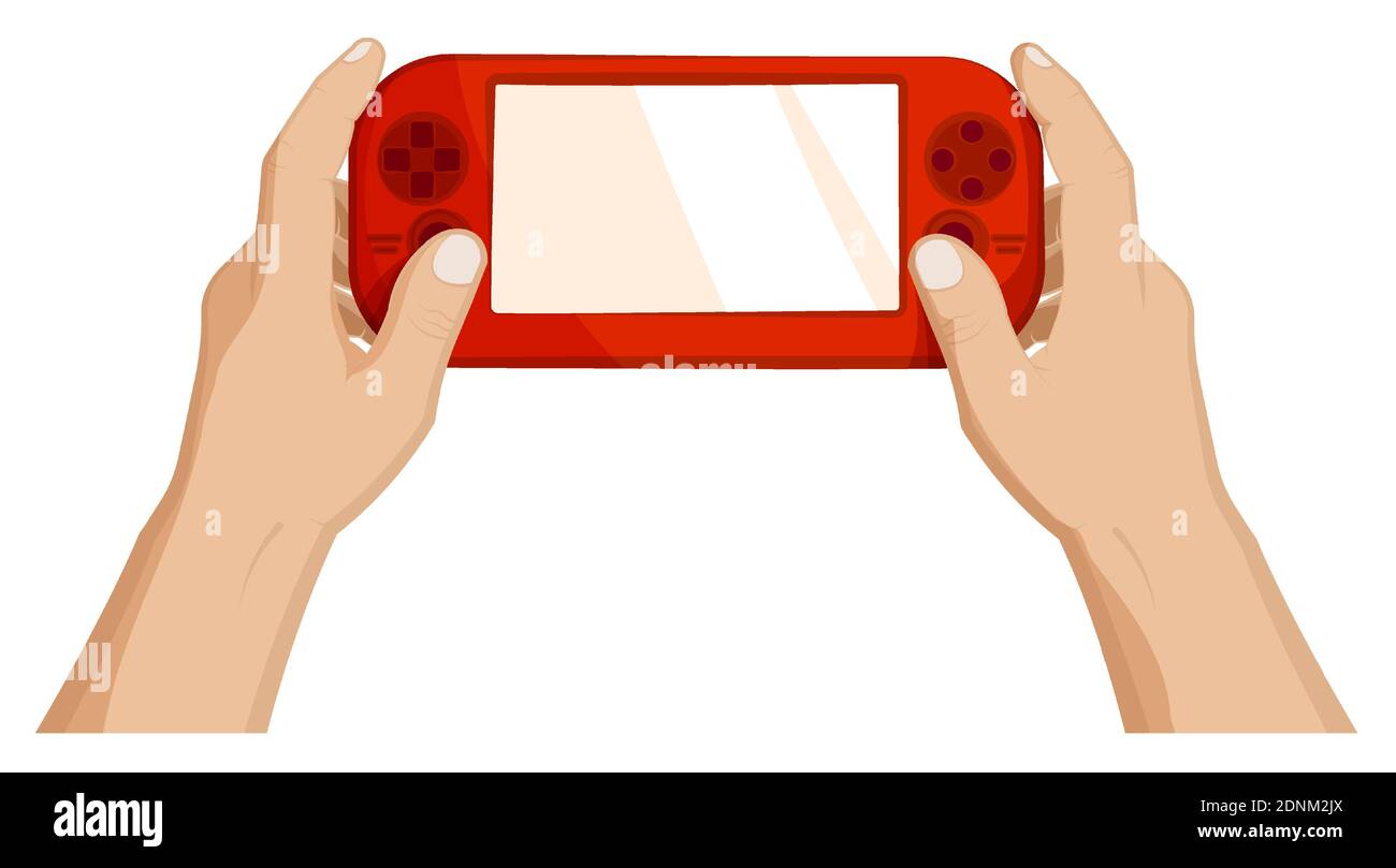 man holds a portable game console, controller for a game. Cartoon ...
