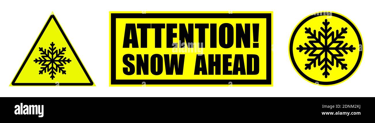 low temperature, snow ahead warning attention sign on yellow. Safety ...