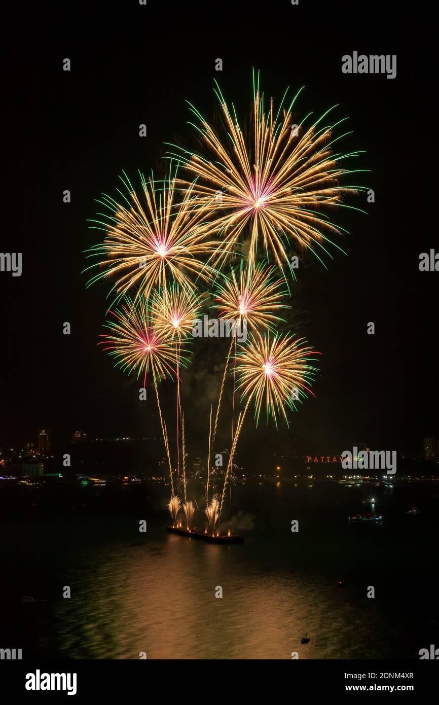 Colorful firework over Pattaya beach during International Festival ...