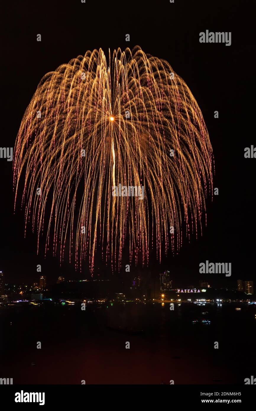 Colorful firework over Pattaya beach during International Festival ...