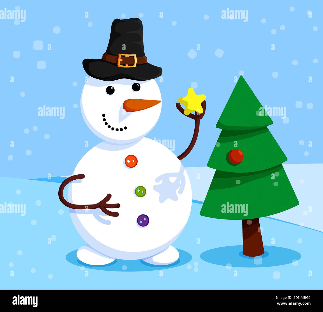 cheerful snowman is decorating the Christmas tree. Winter landscape and ...