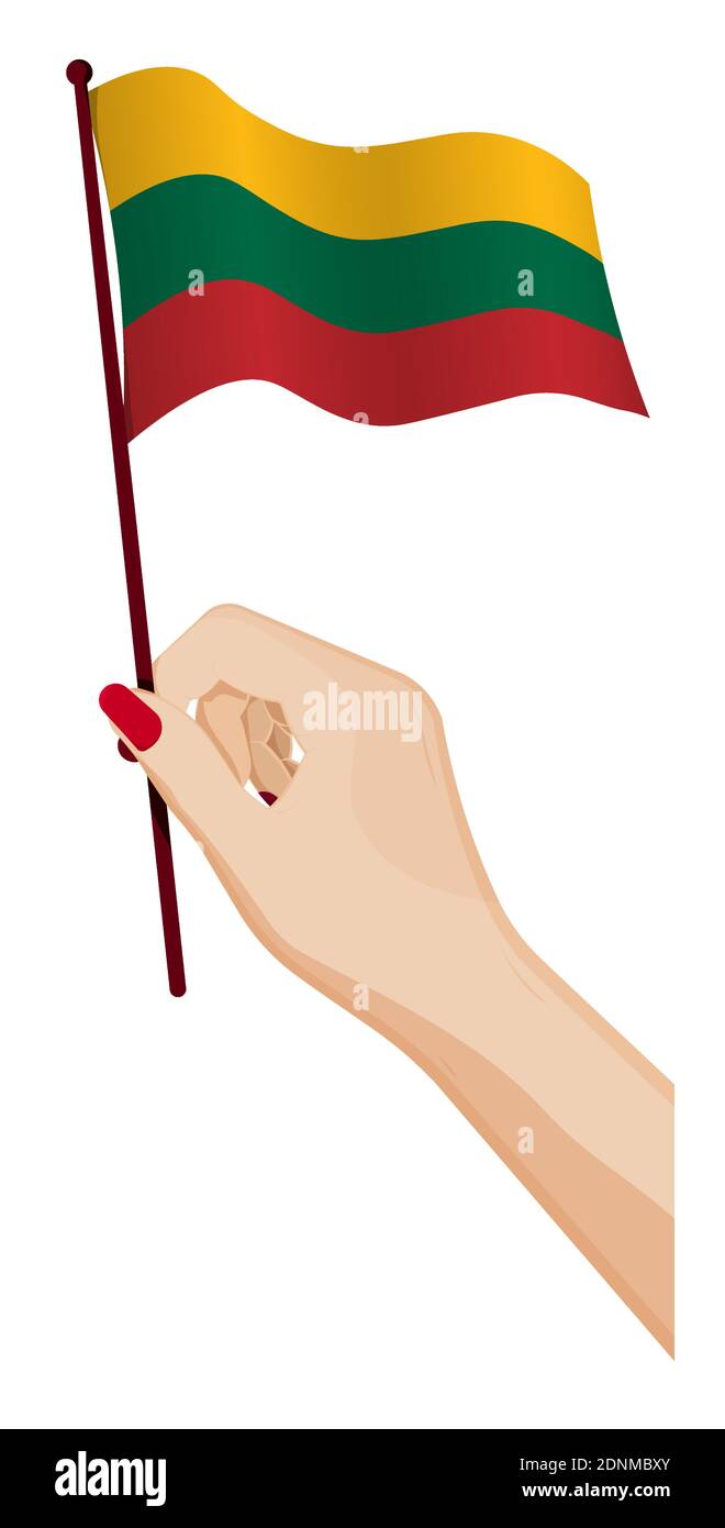 Female hand gently holds small flag of lithuania. Holiday design element. Cartoon vector on ...