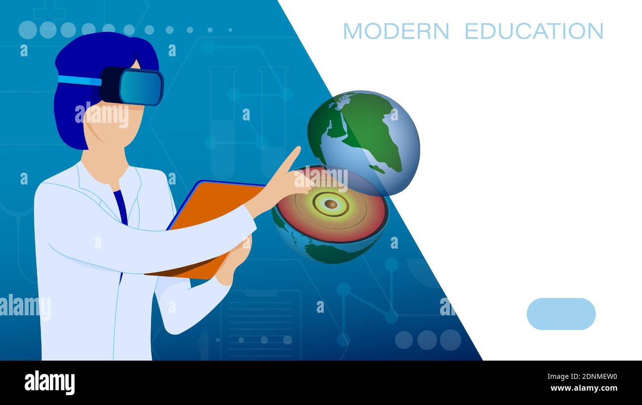 Research Institute. Student, scientist in virtual reality glasses looks ...