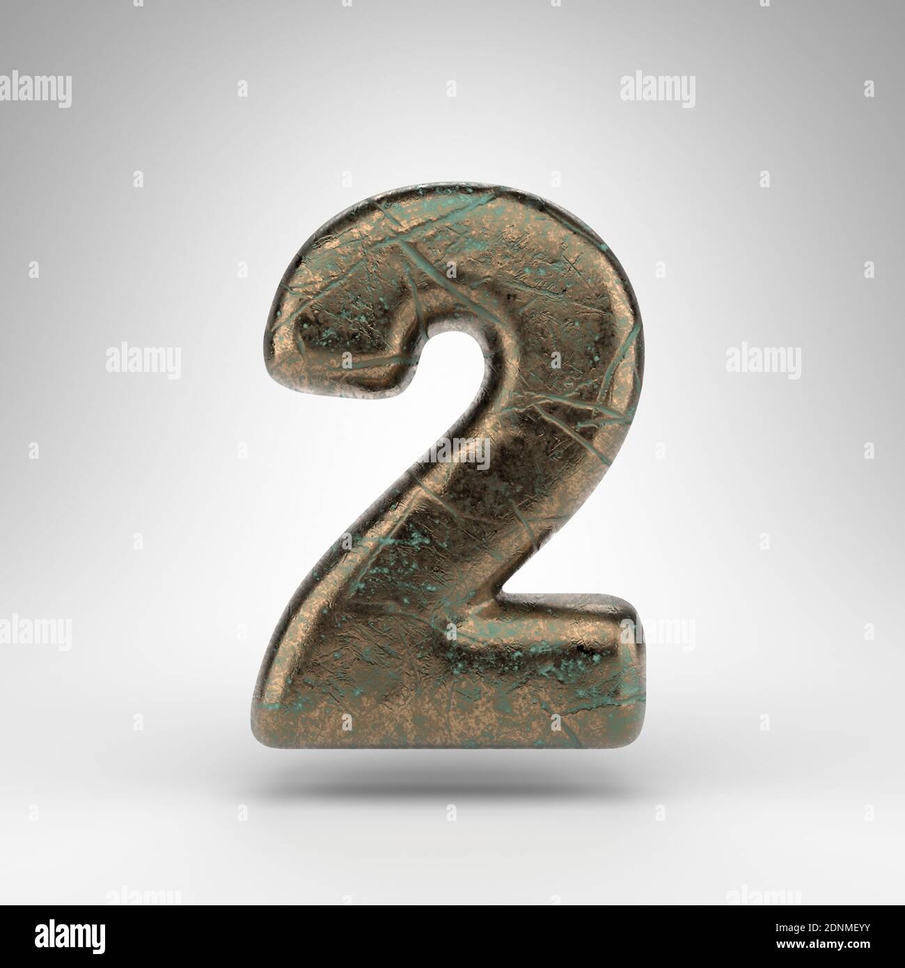 Number 2 on white background. Bronze 3D rendered number with oxidized ...