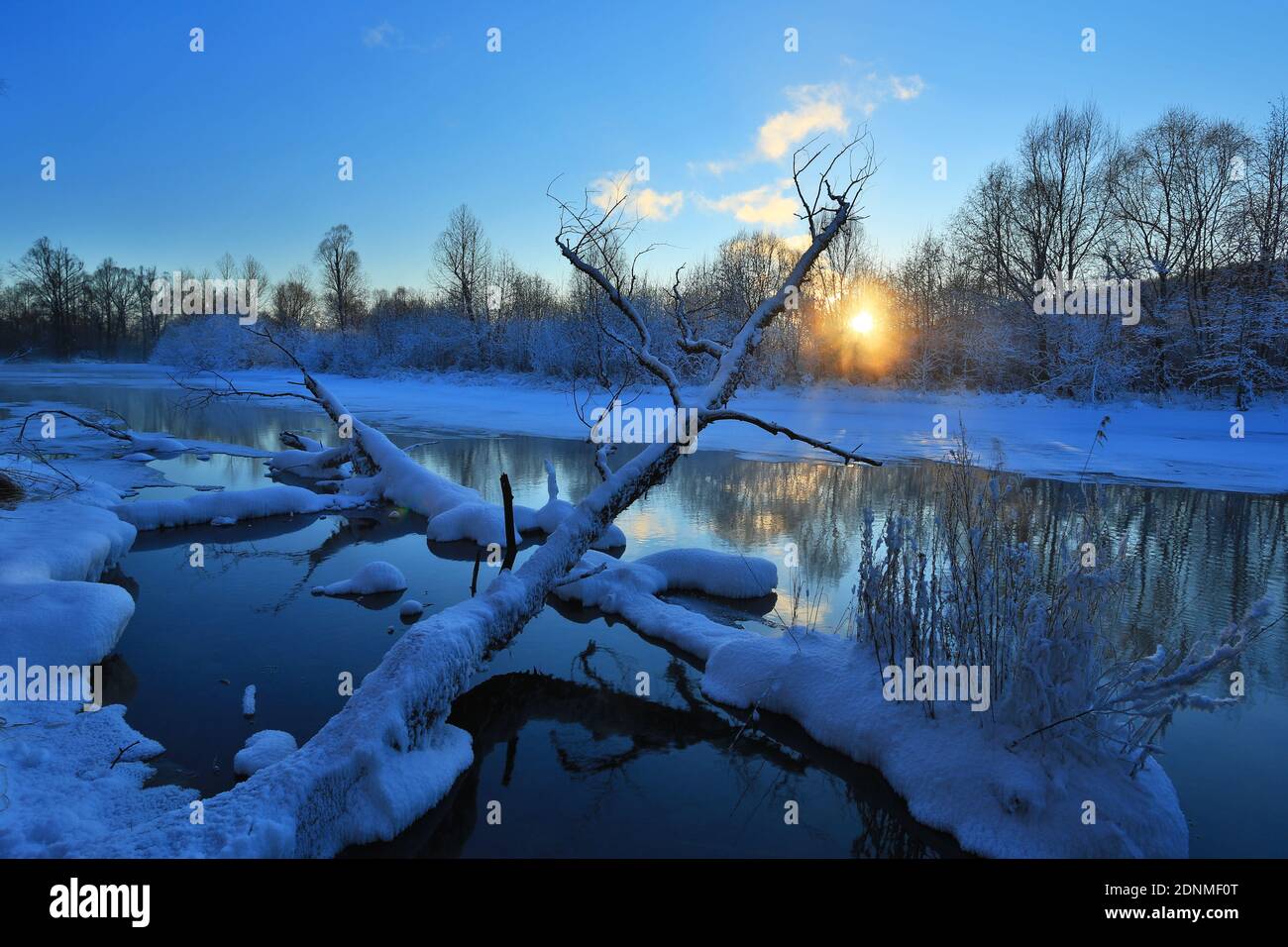 Severe winter not frozen river ice and snow scenery Stock Photo - Alamy