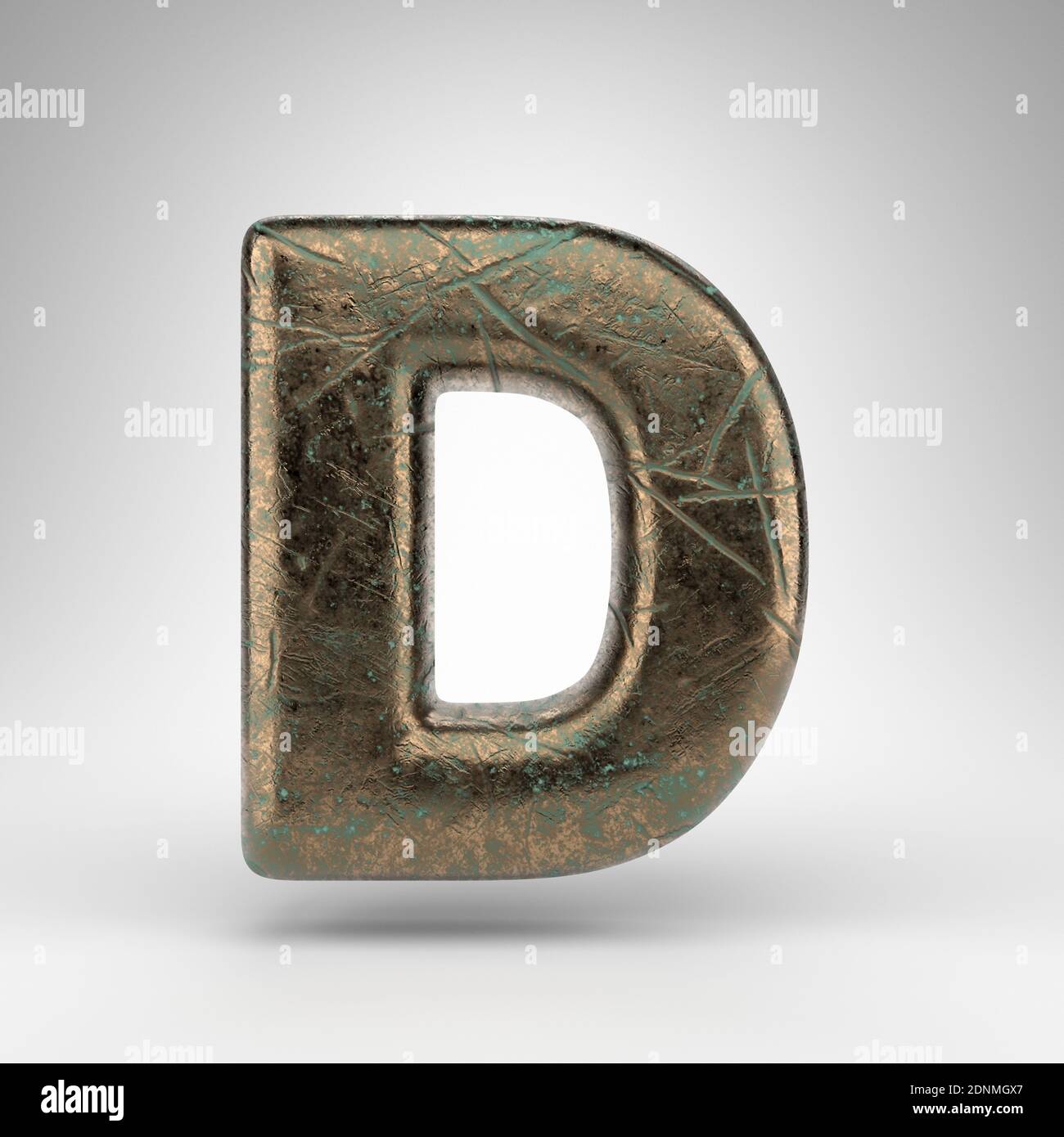 Letter D uppercase on white background. Bronze 3D rendered font with ...