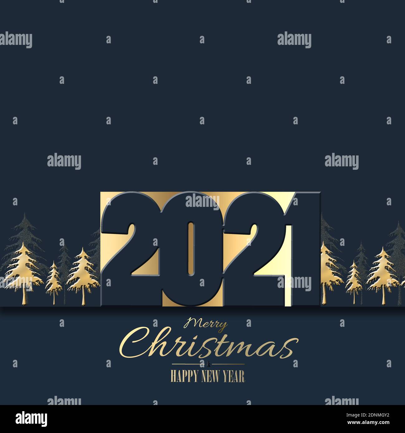 Holiday New Year 2021 card with gold digit 2021, abstract Xmas symbol ...