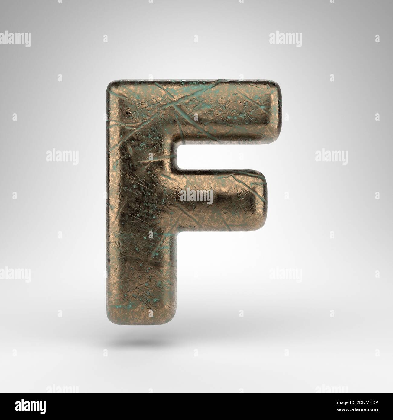 Letter F uppercase on white background. Bronze 3D rendered font with ...