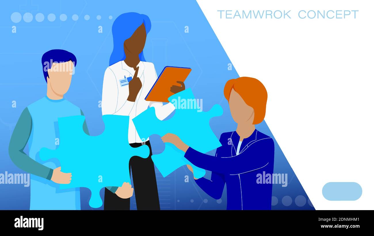 Teamwork. Two people under leadership of boss solve puzzle, put jigsaw ...