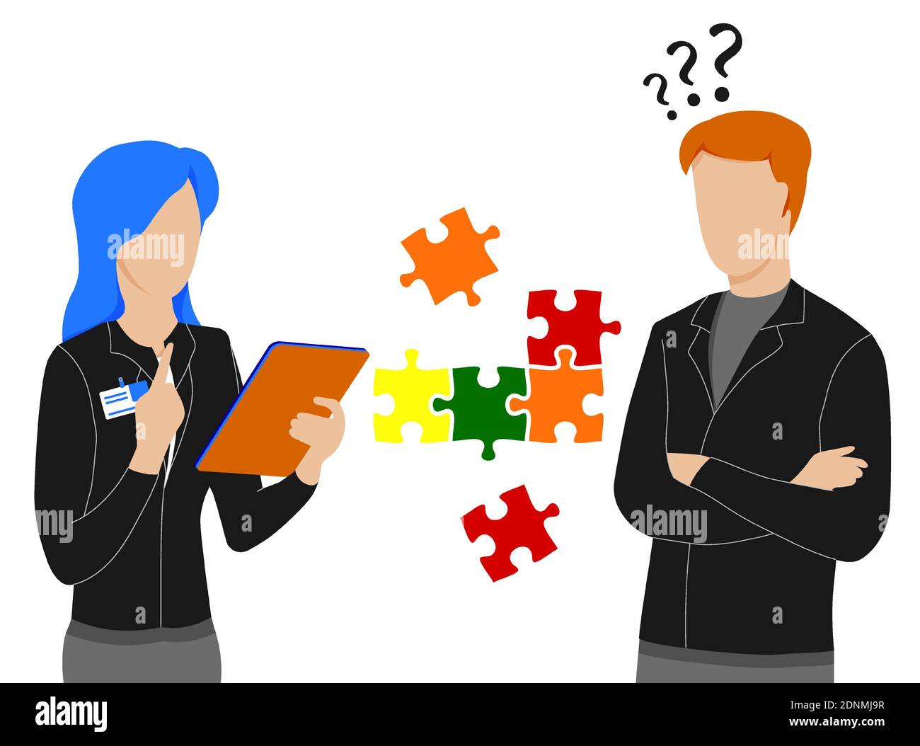 Teamwork. Two people solve puzzle, put jigsaw pieces together. Solving ...