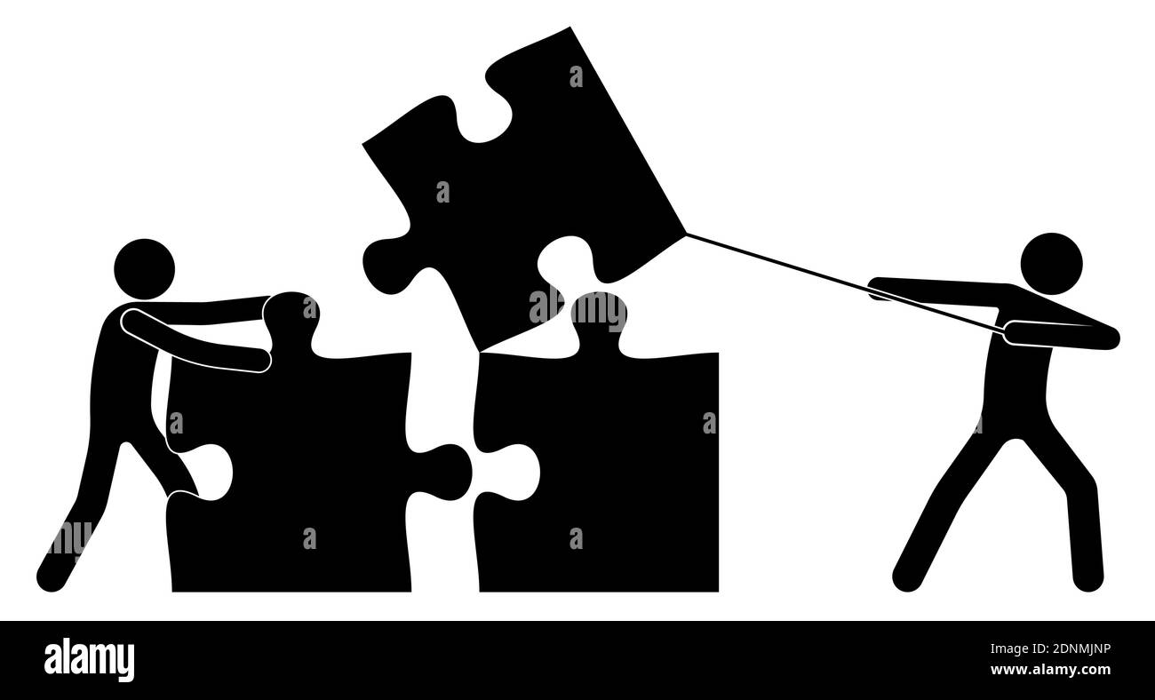 Teamwork. Two people, stick figure build together with puzzle pieces ...