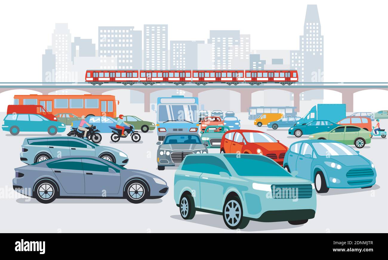 Traffic jam at the road intersection and Transport by elevated train ...