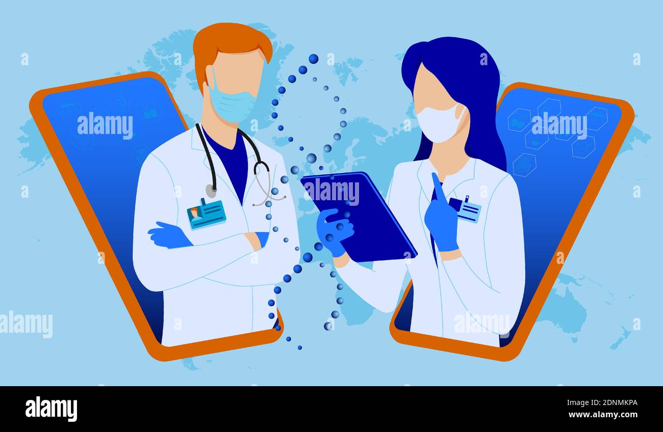 Teamwork online. Medical scientists, doctors in white coats are ...
