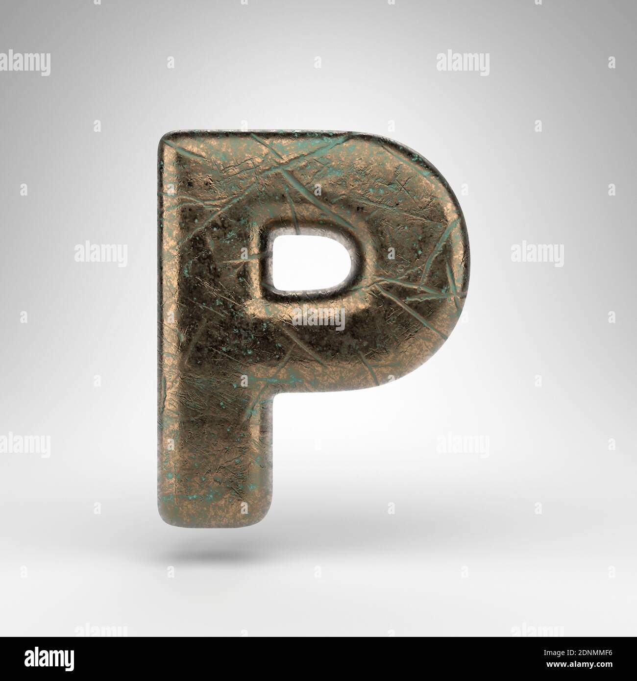 Letter P uppercase on white background. Bronze 3D rendered font with ...