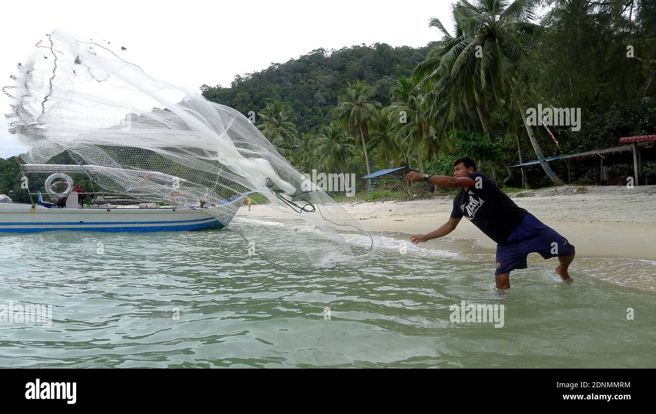 Fisher man throwing fishing net for catching fish for food Stock Photo ...