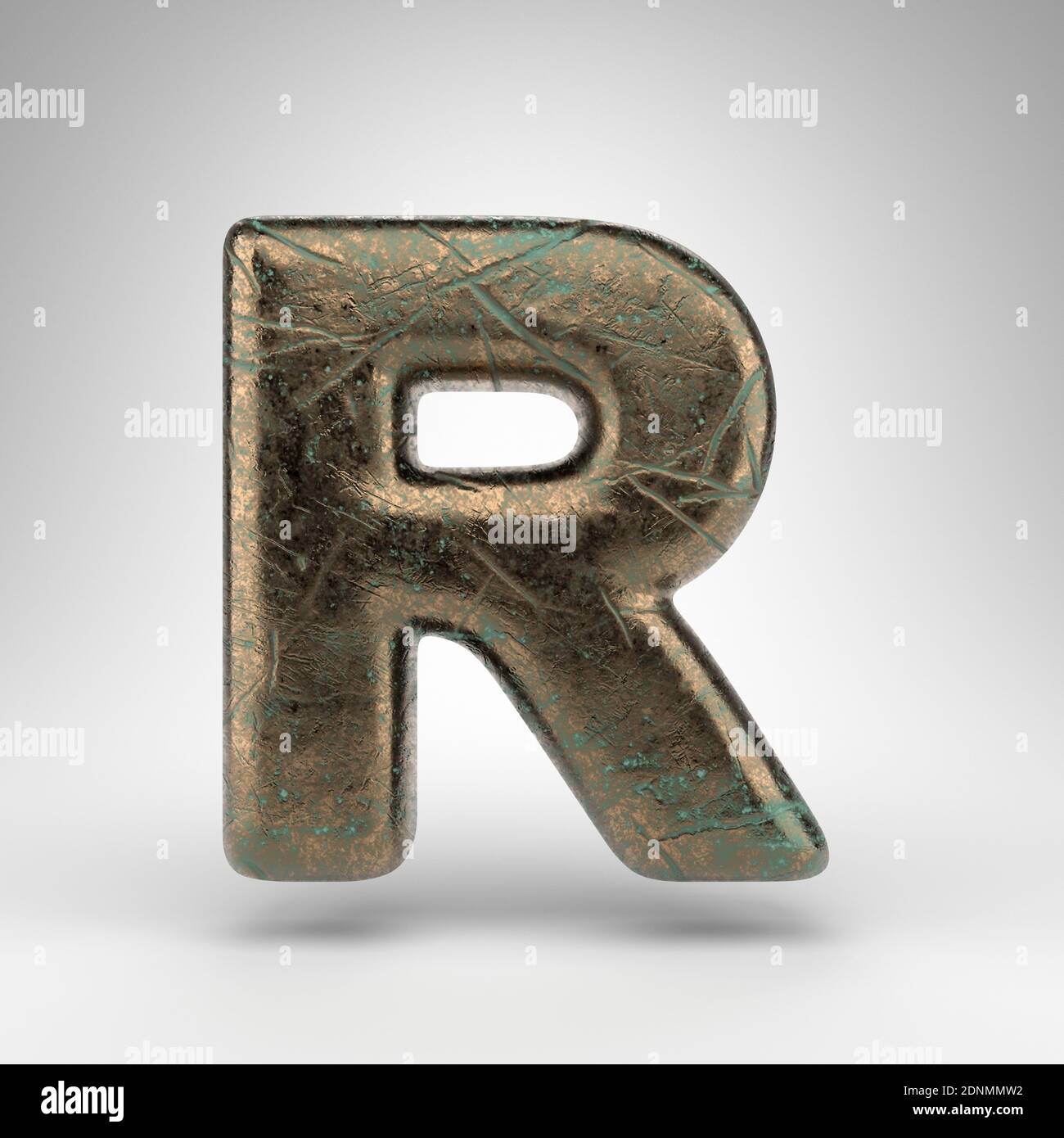 Letter R uppercase on white background. Bronze 3D rendered font with ...