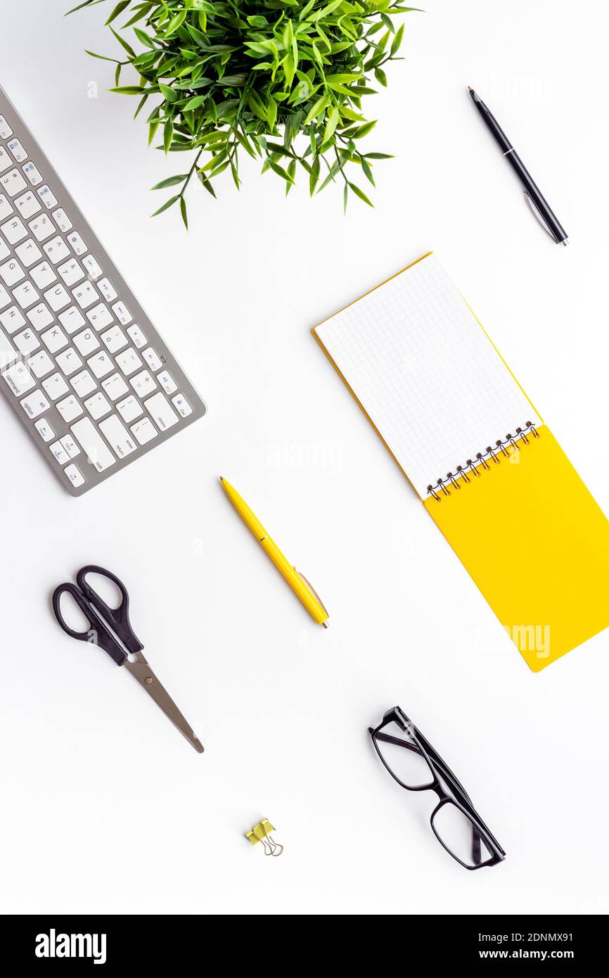Flat lay top view office table - desk with supplies and keyboard Stock ...