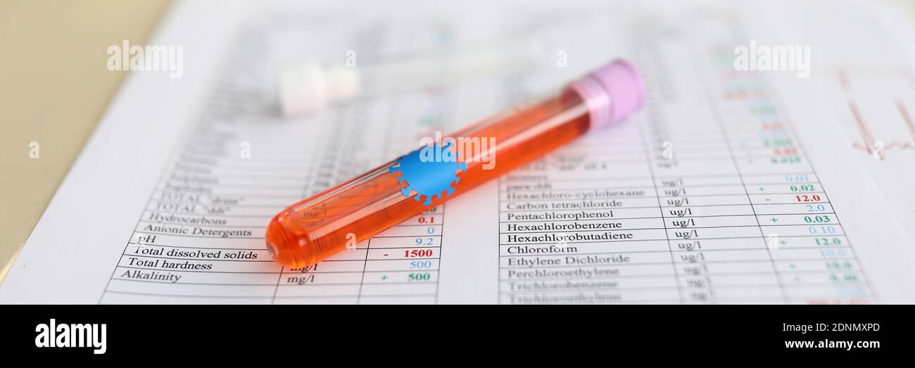 Test tube with liquid labeled bacteria lies on document with analysis ...