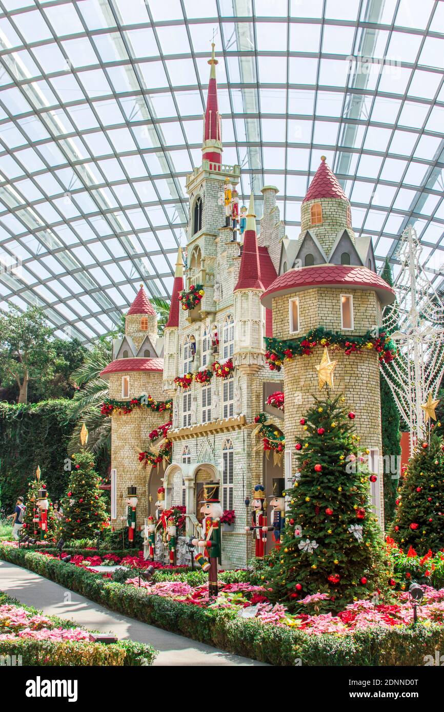 The beautiful Christmas decorated castle with nutcracker in flower dome ...
