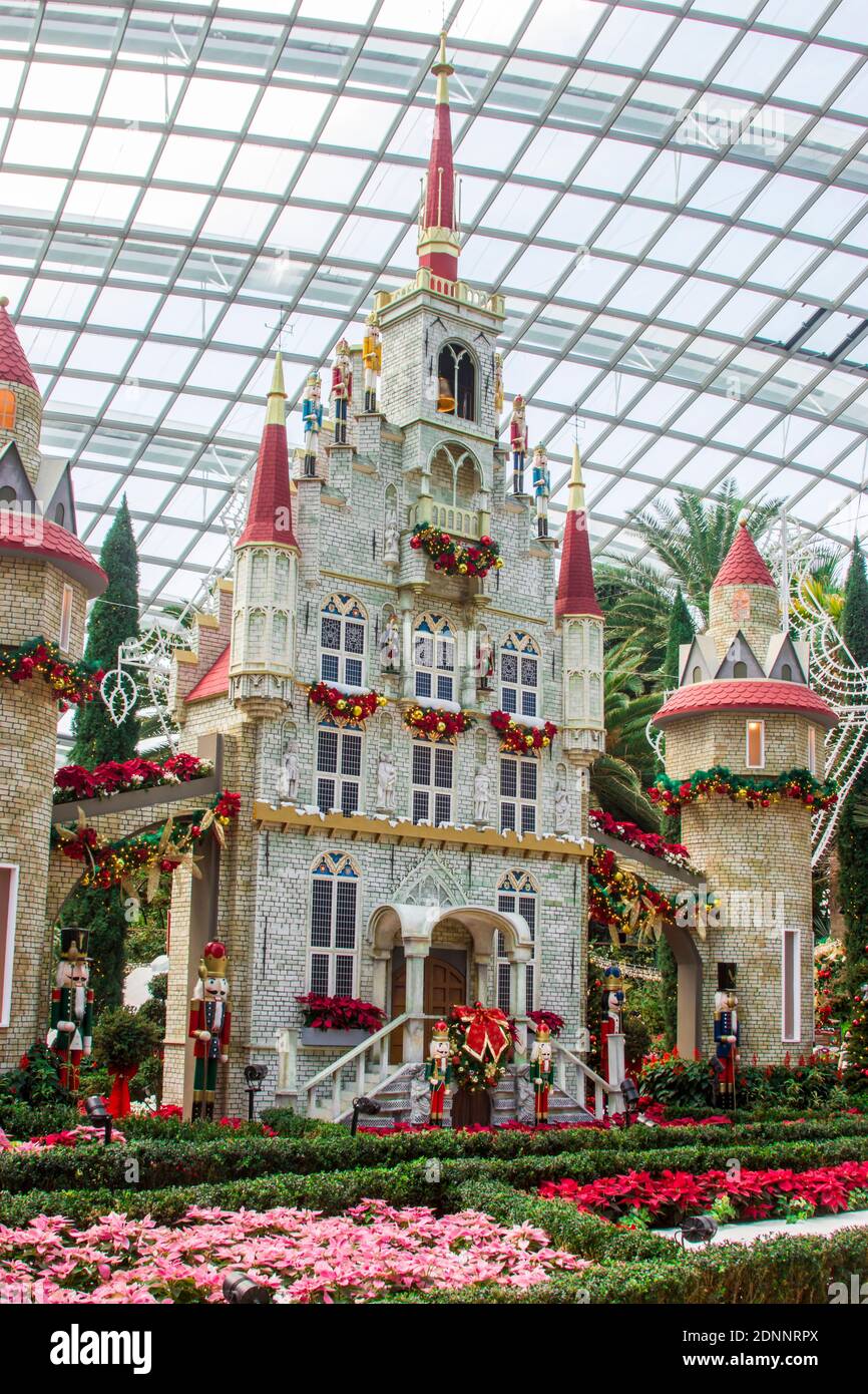 The beautiful Christmas decorated castle with nutcracker in flower dome ...