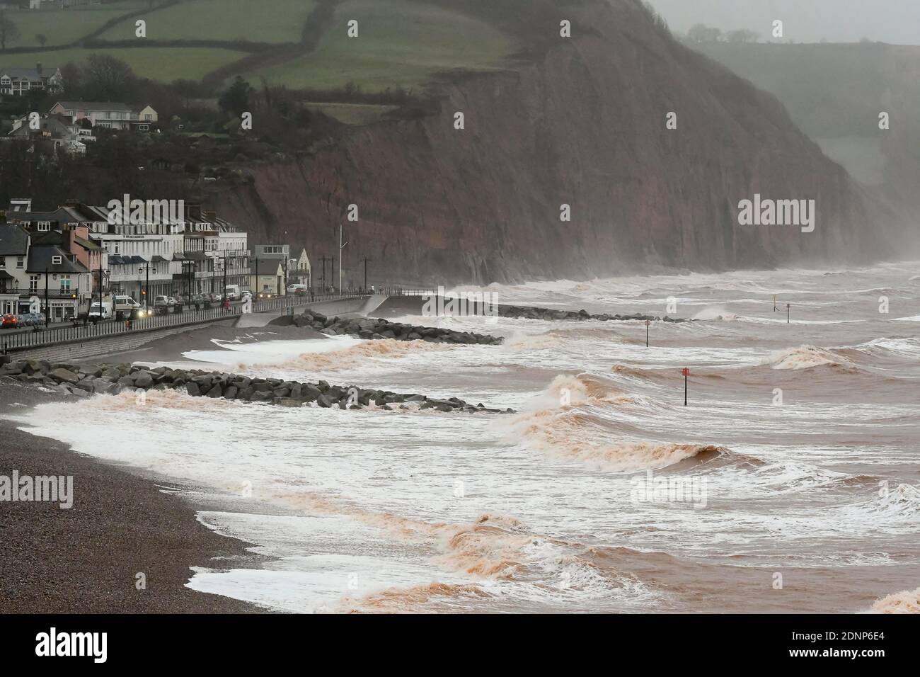 Sidmouth, Devon, UK. 18th December 2020. UK Weather. Rough seas crash ...