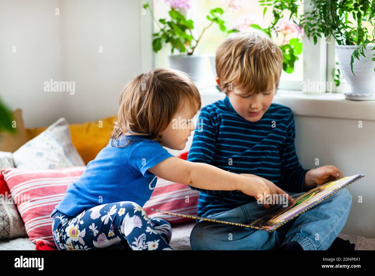 Brother and sister reading book together Stock Photo - Alamy