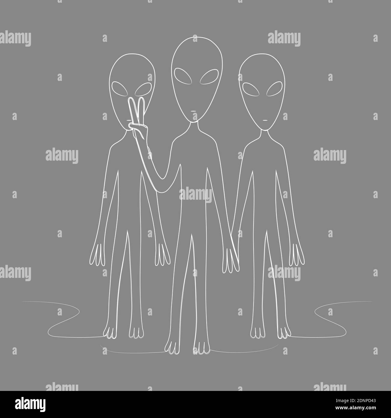 A group of aliens one of which shows the sign of peace. Isolated on ...