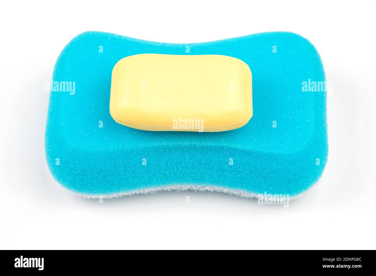 sponge for washing in the bathroom and soap on white background Stock ...