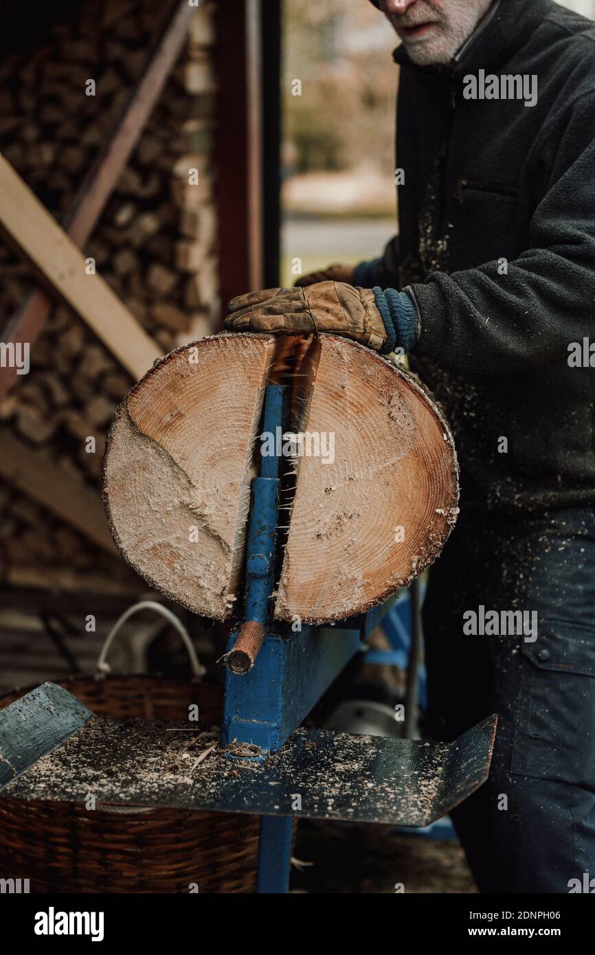 Man sawing log Stock Photo - Alamy