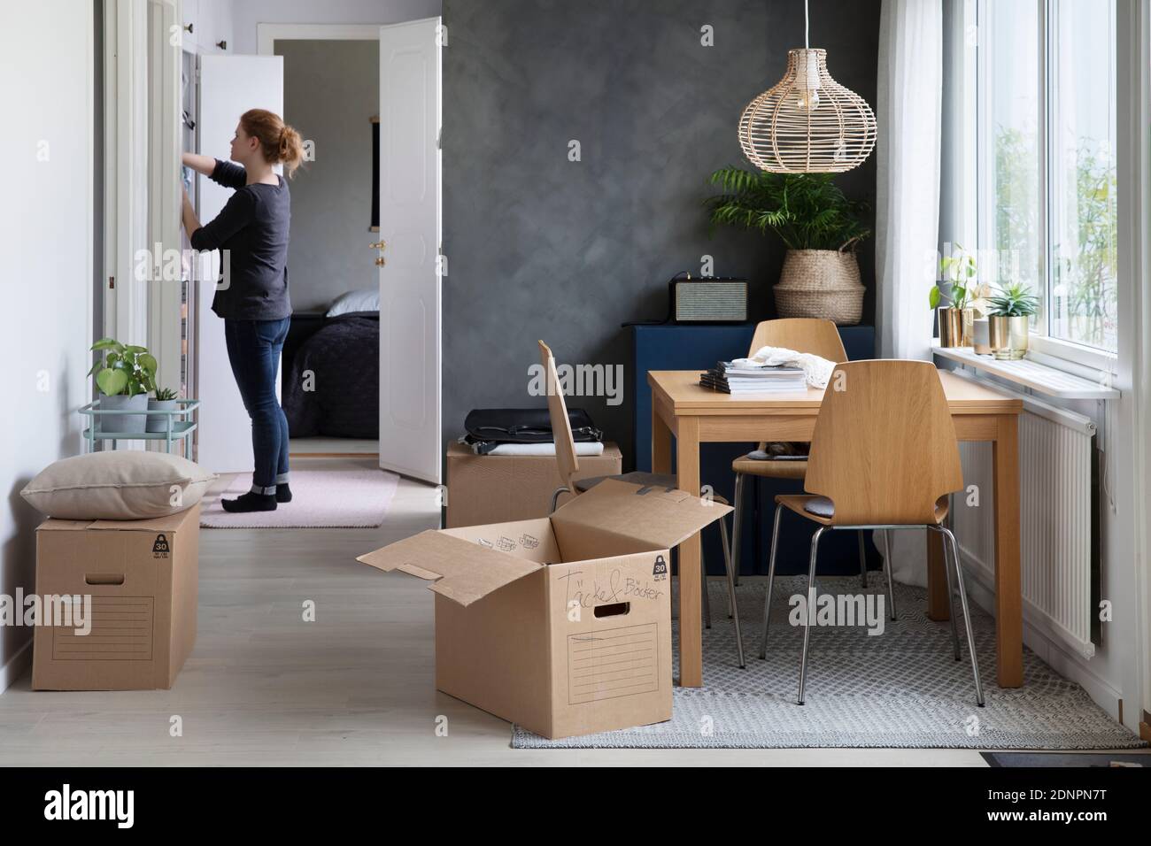 Cardboard boxes in dining room Stock Photo - Alamy
