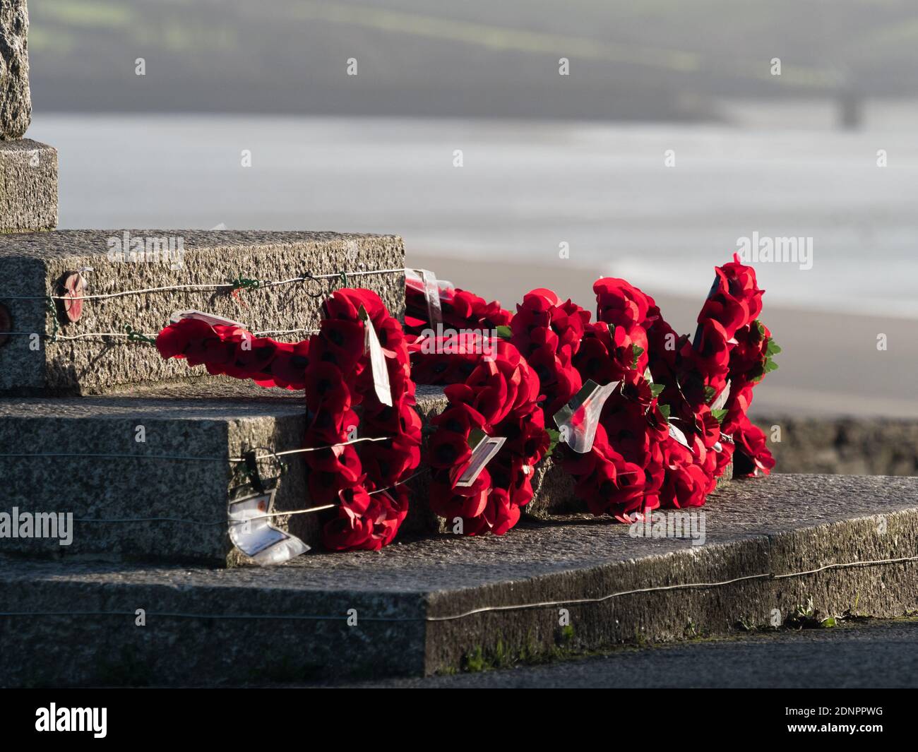 A row of red poppy wreaths has been laid below a stone memorial ...
