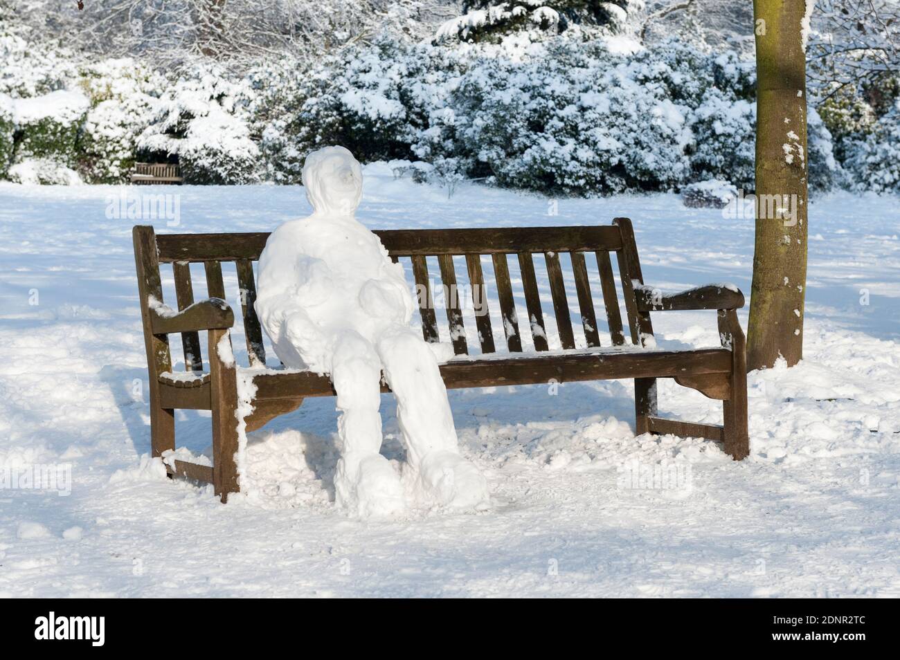 Snowman sitting on bench, Parliament Hill, Hampstead Heath, London, UK ...