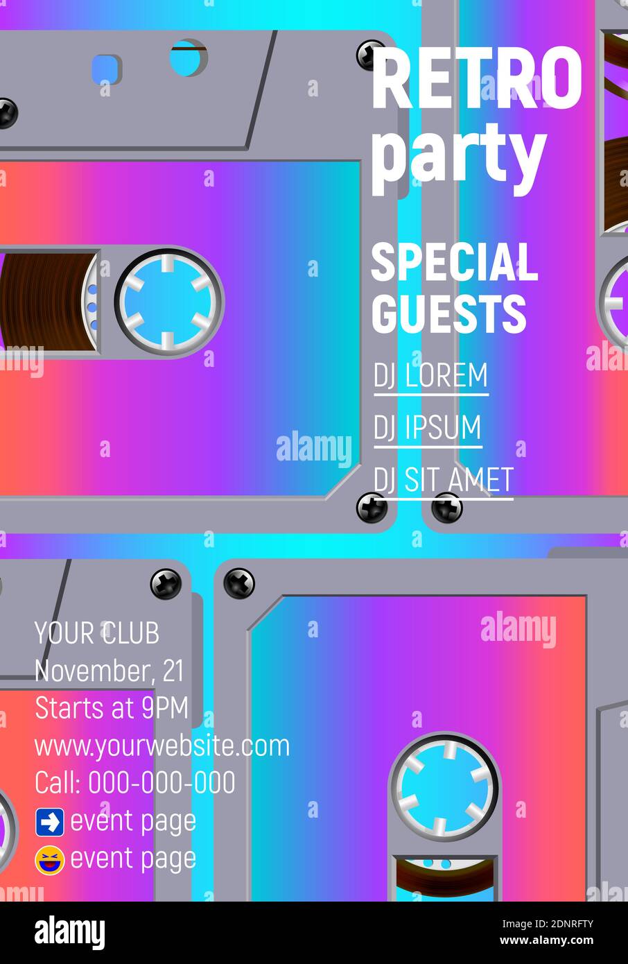 Compact cassette poster with vibrant retro 80s styled party invitation ...
