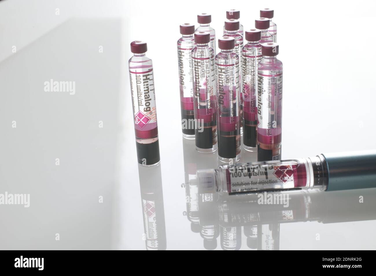 Insulin Rapid-acting Humalog in glass vials ready for injection, Human Insulin. with pen and ...