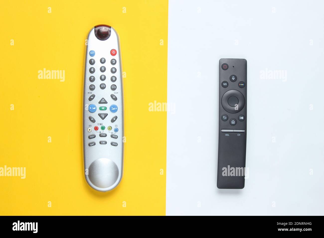 Two modern tv remote on pastel background. Top view, minimalism Stock ...