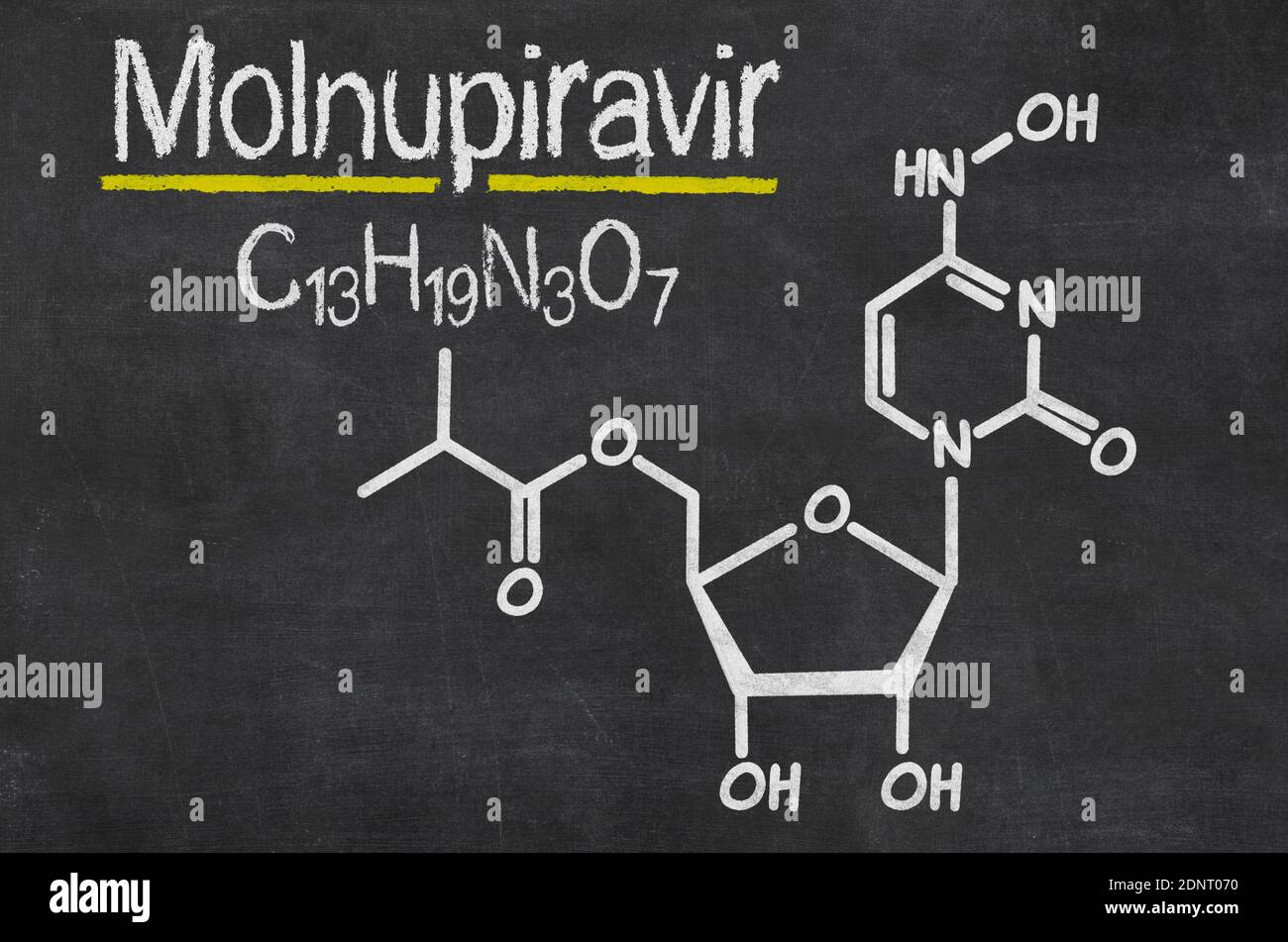 Blackboard with the chemical formula of Molnupiravir Stock Photo - Alamy