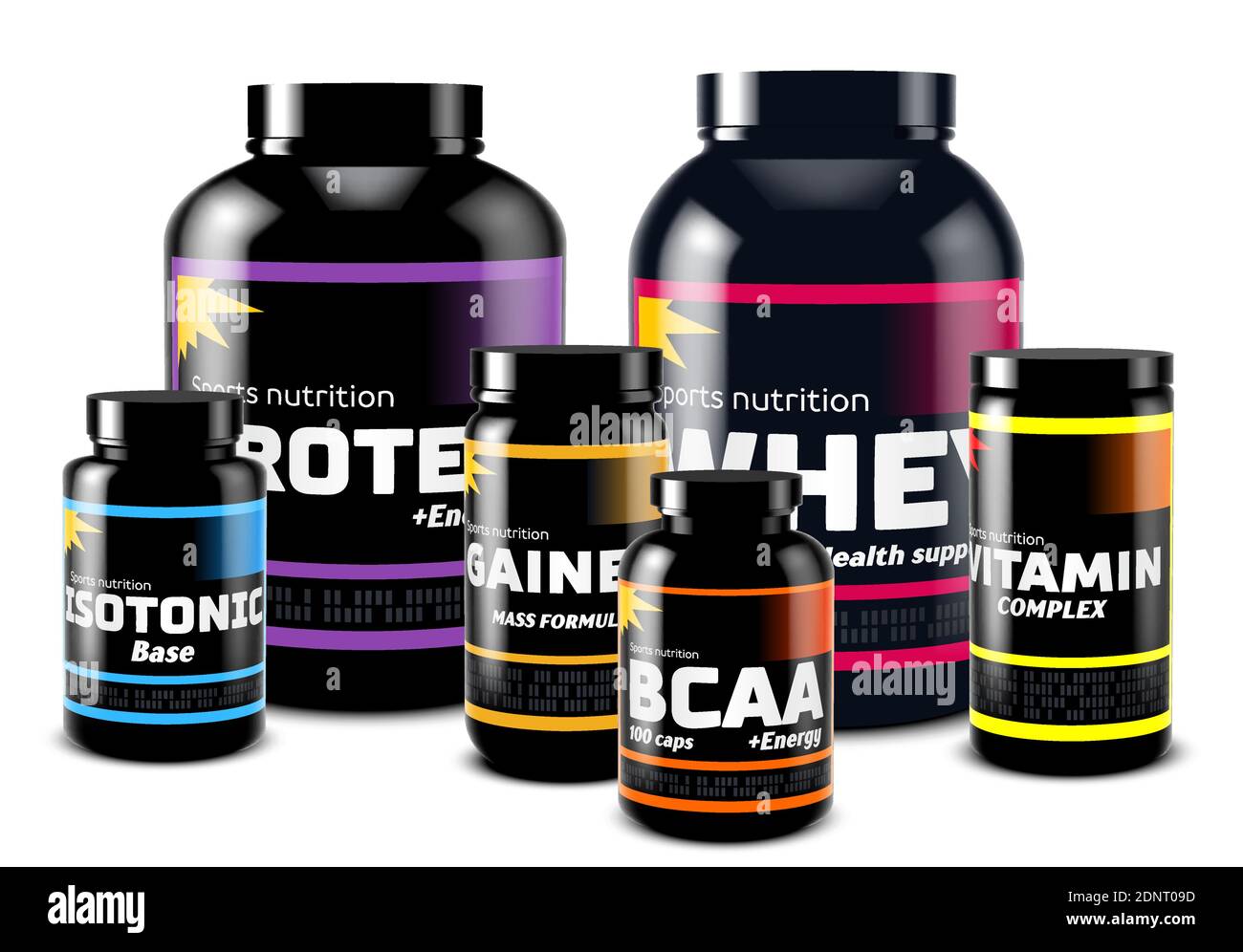 Set of sport supplement cans and jars. Sport food containers for ...