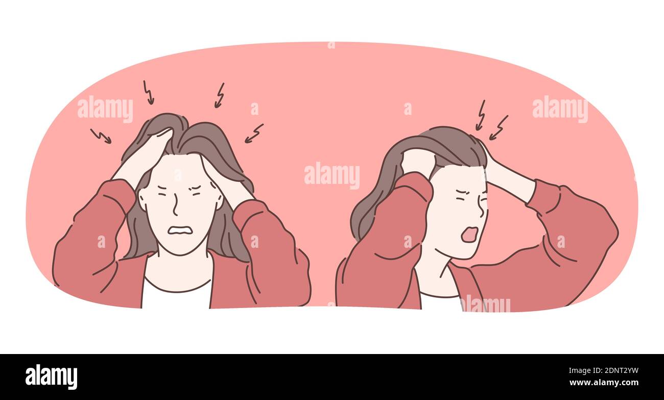 Anger, rage, headache concept. Young angry furious female cartoon ...