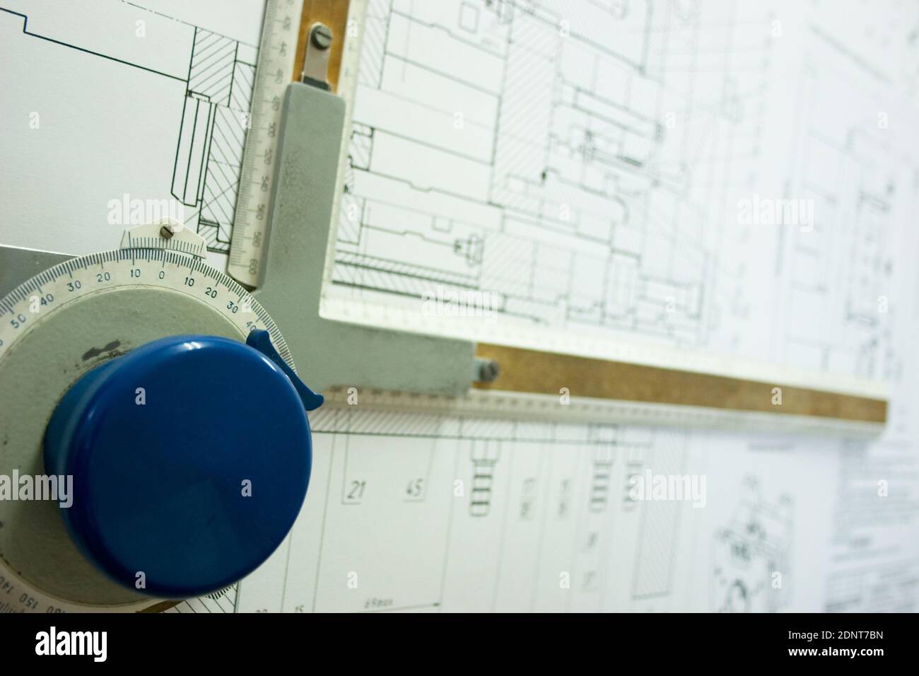 Workplace of a design engineer. Drawing device, rulers and a fragment ...