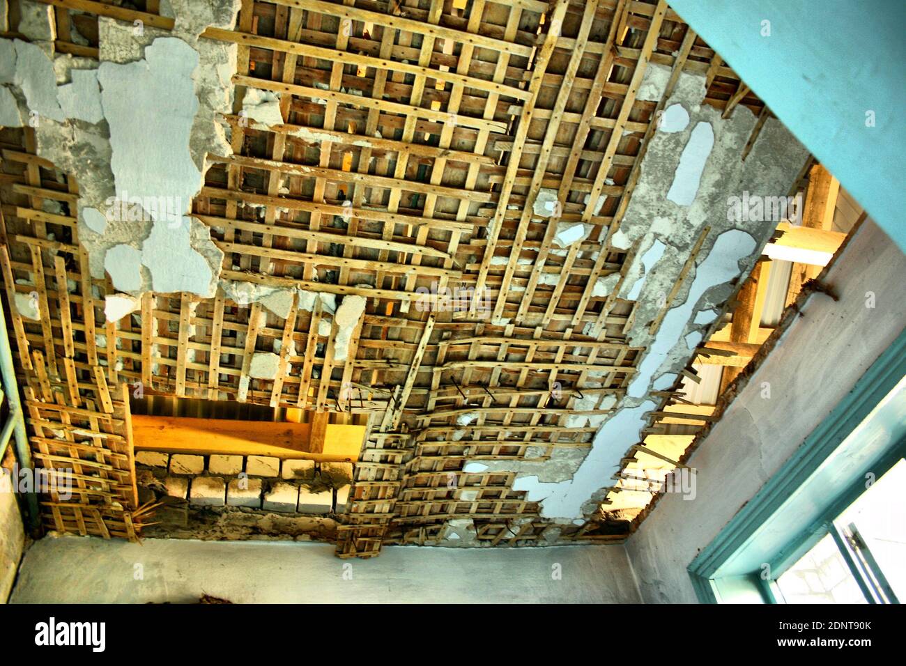 Destroyed ceiling during the reconstruction. Reconstruction of the ...