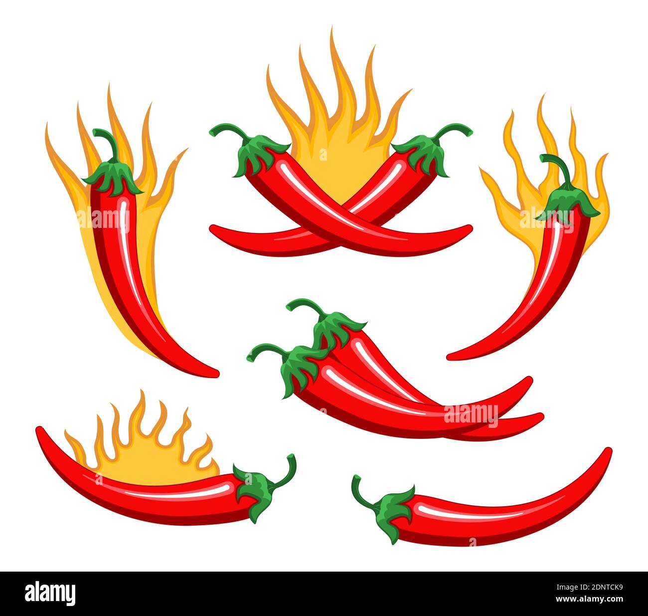 Red chilly peppers are burning as spicy sign. Cartoon set vector ...