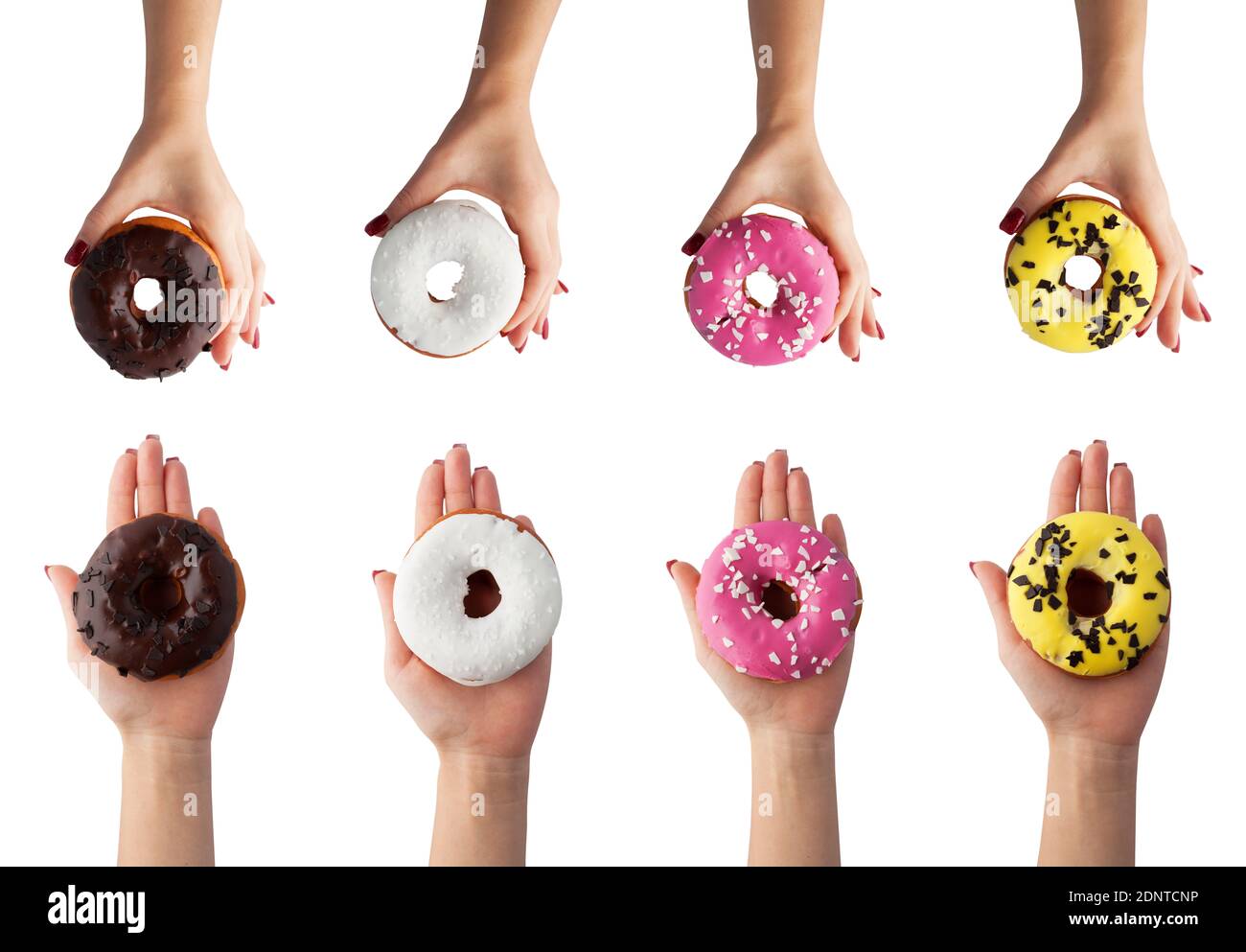 Set hand hold donut isolated on white background Stock Photo - Alamy
