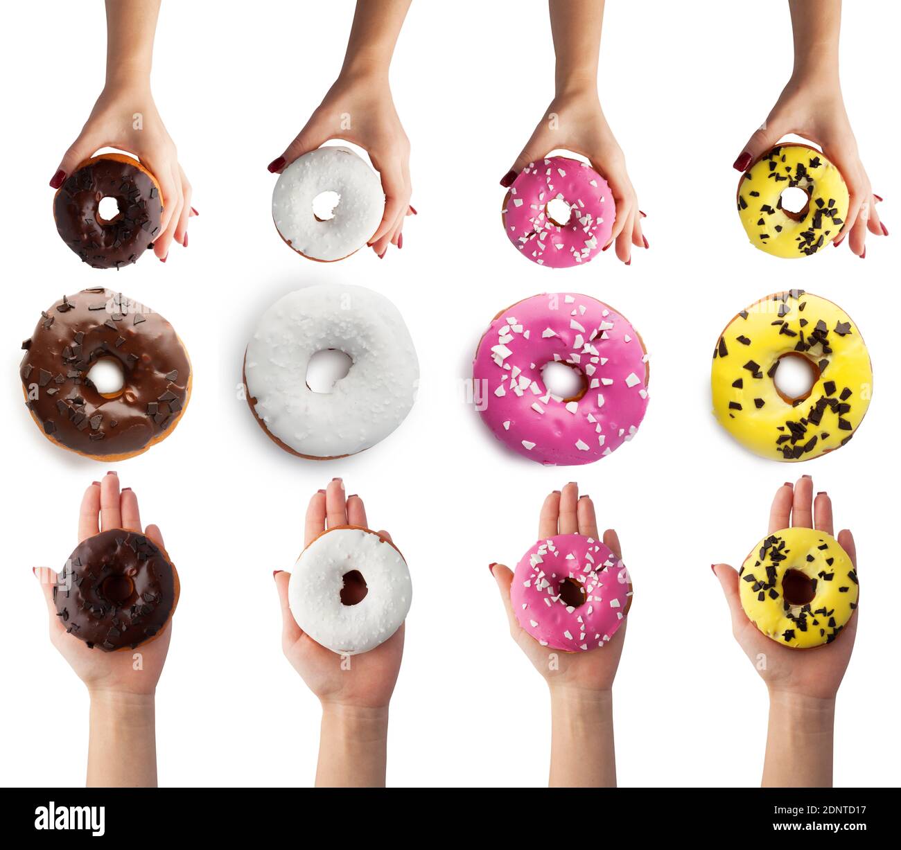 Set hand hold donut isolated on white background Stock Photo - Alamy