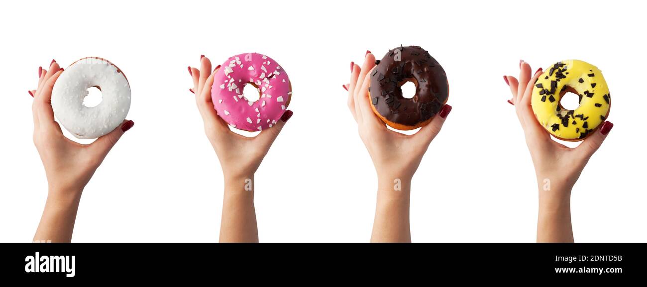 Set hand hold donut isolated on white background Stock Photo - Alamy