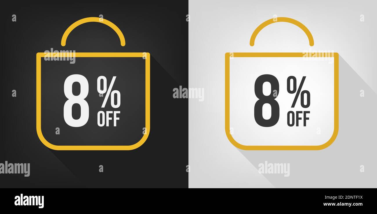 8 percent off. Black, white and yellow banner with eight percent ...