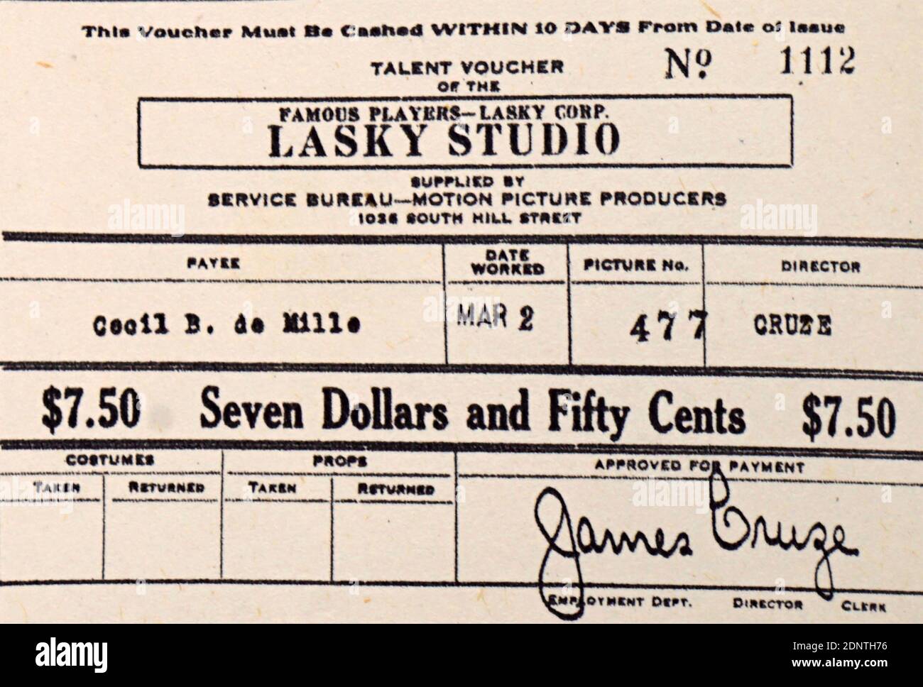 Cheque made out to Cecil B. DeMille from Lasky Studio for seven dollars ... Cheque made out to Cecil B. DeMille from Lasky Studio for seven dollars ...
