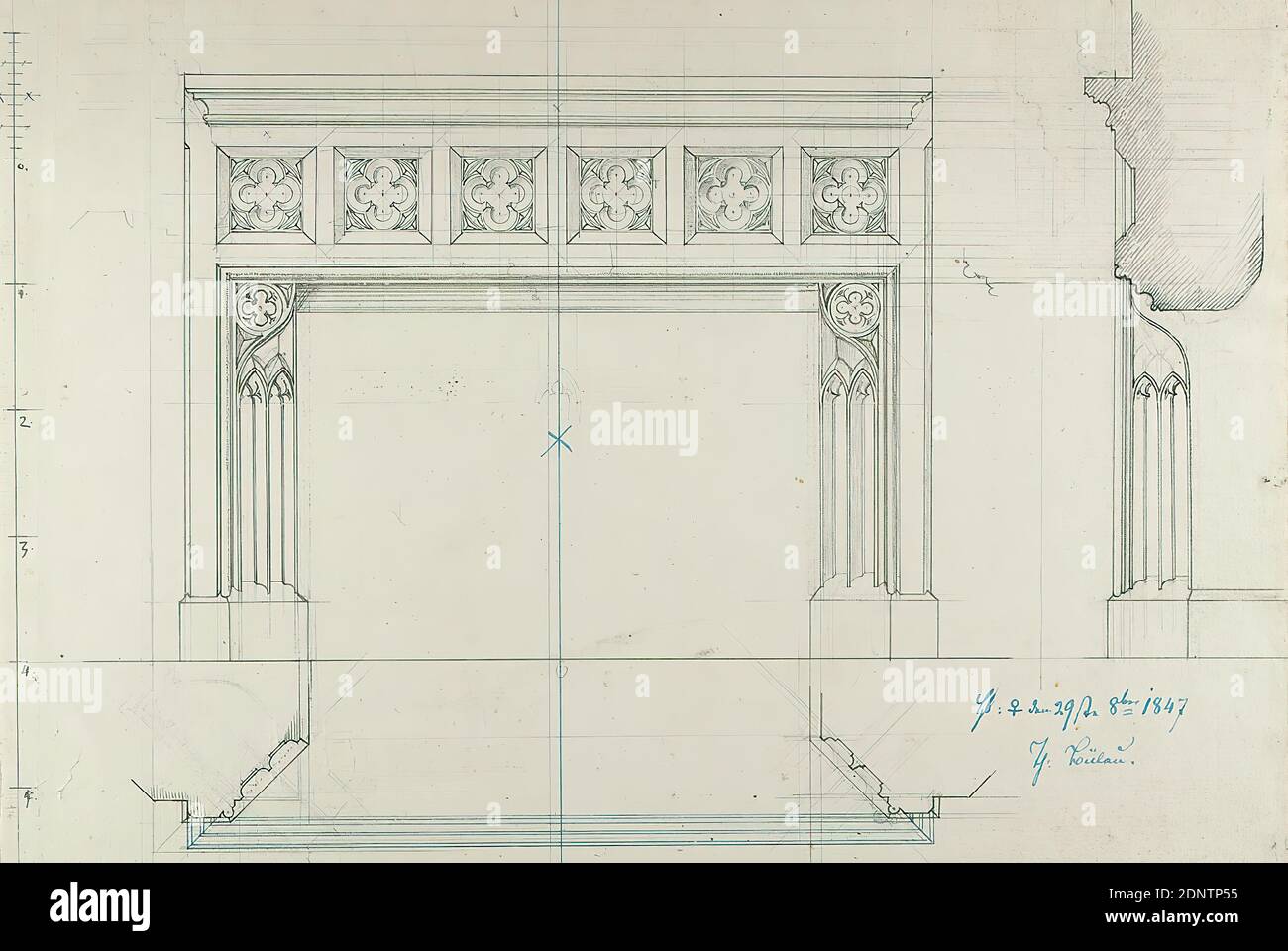 Theodor Bülau, design of a fireplace, paper, pen-and-ink drawing, sheet ...