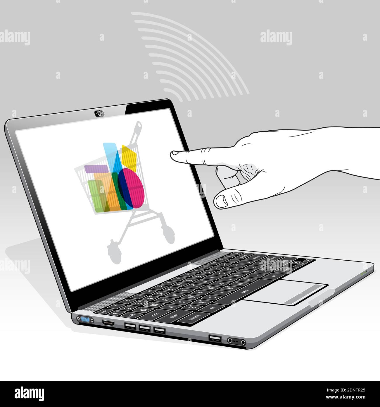 A touch screen laptop computer with a filled shopping cart icon on ...