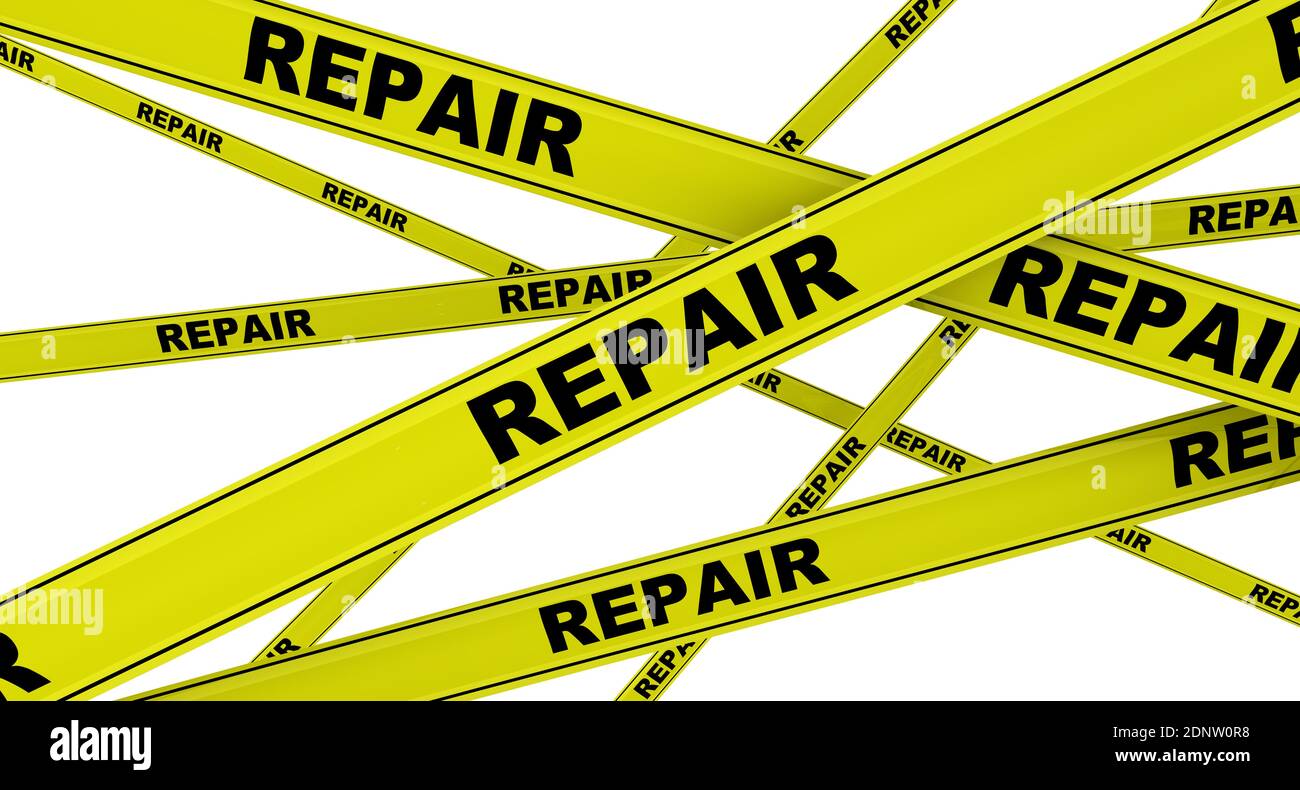 Repair. Yellow warning tapes with black words REPAIR. Isolated. 3D ...