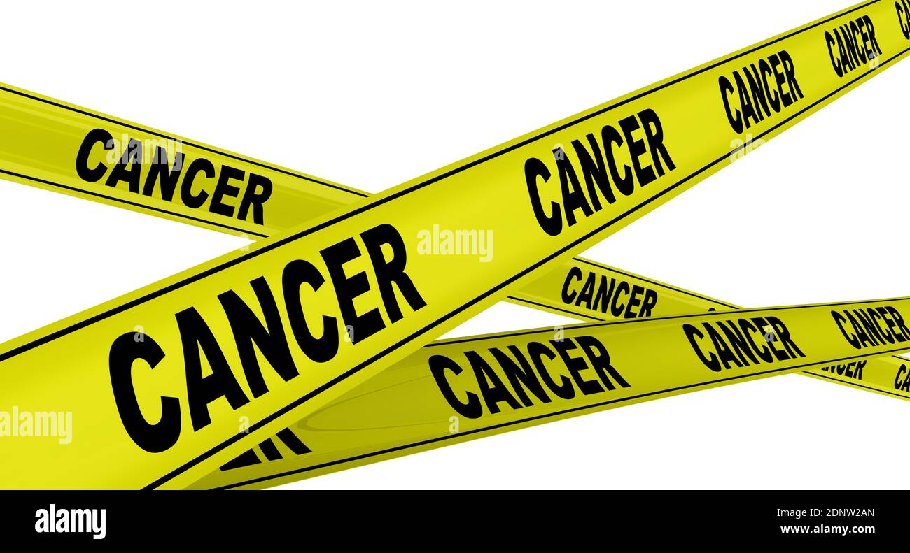 Cancer. Yellow warning tapes with black words CANCER (the disease ...